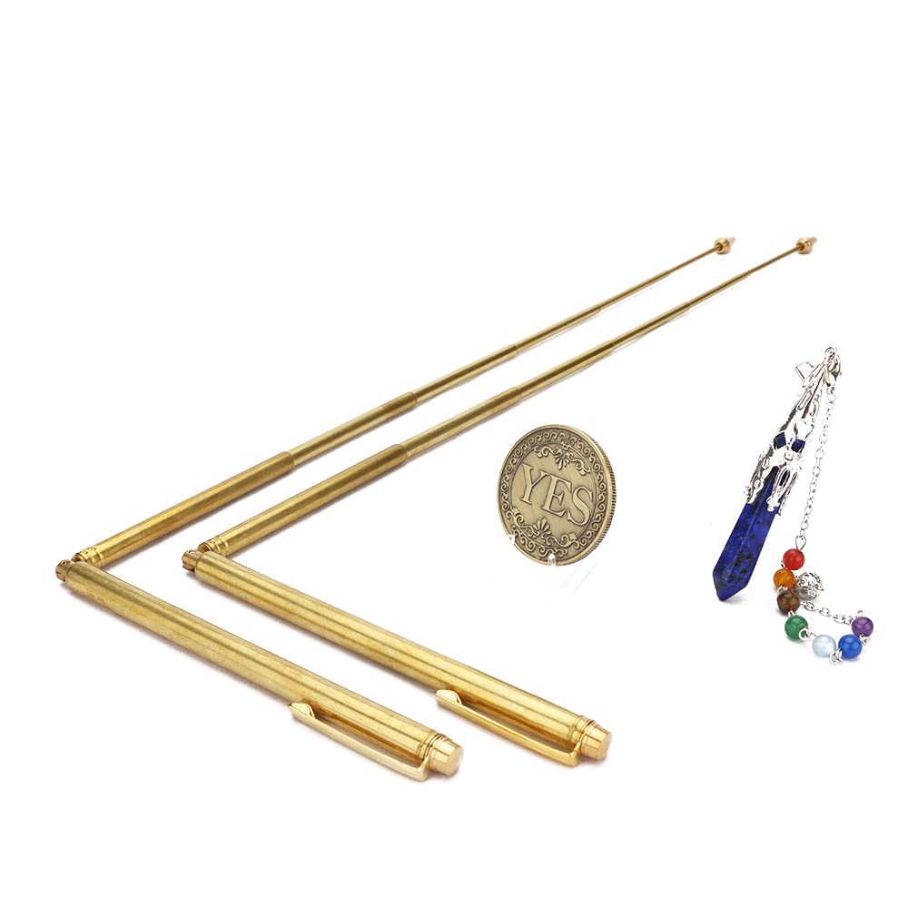 Mystic Energy Gift Box with Dowsing Brass Rod Set Include 2 Pcs Retractable Divination Rods, Pendulum and Challenge Coin, for Detect Gold, Water, Treasure,Buried Items,Ghost Hunting etc.(Total 4pcs)