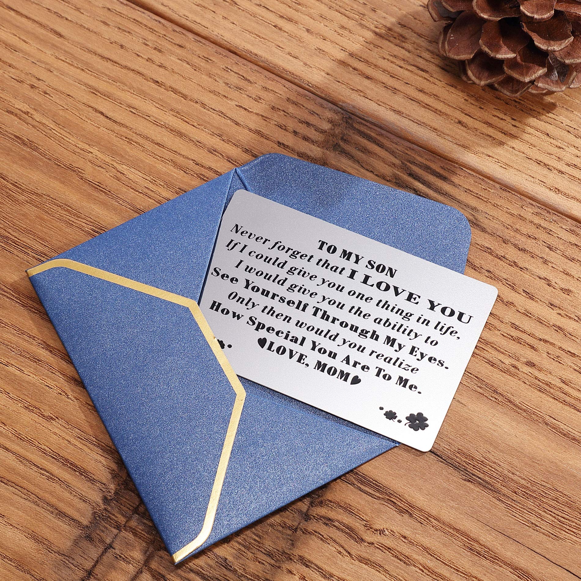 FeiYen Personalized Engraved Message Wallet Card Inserts Customized for Son from Mom Mother - I Love You - Graduation Birthday Christmas Deployment - Best Custom Metal Cards for Him