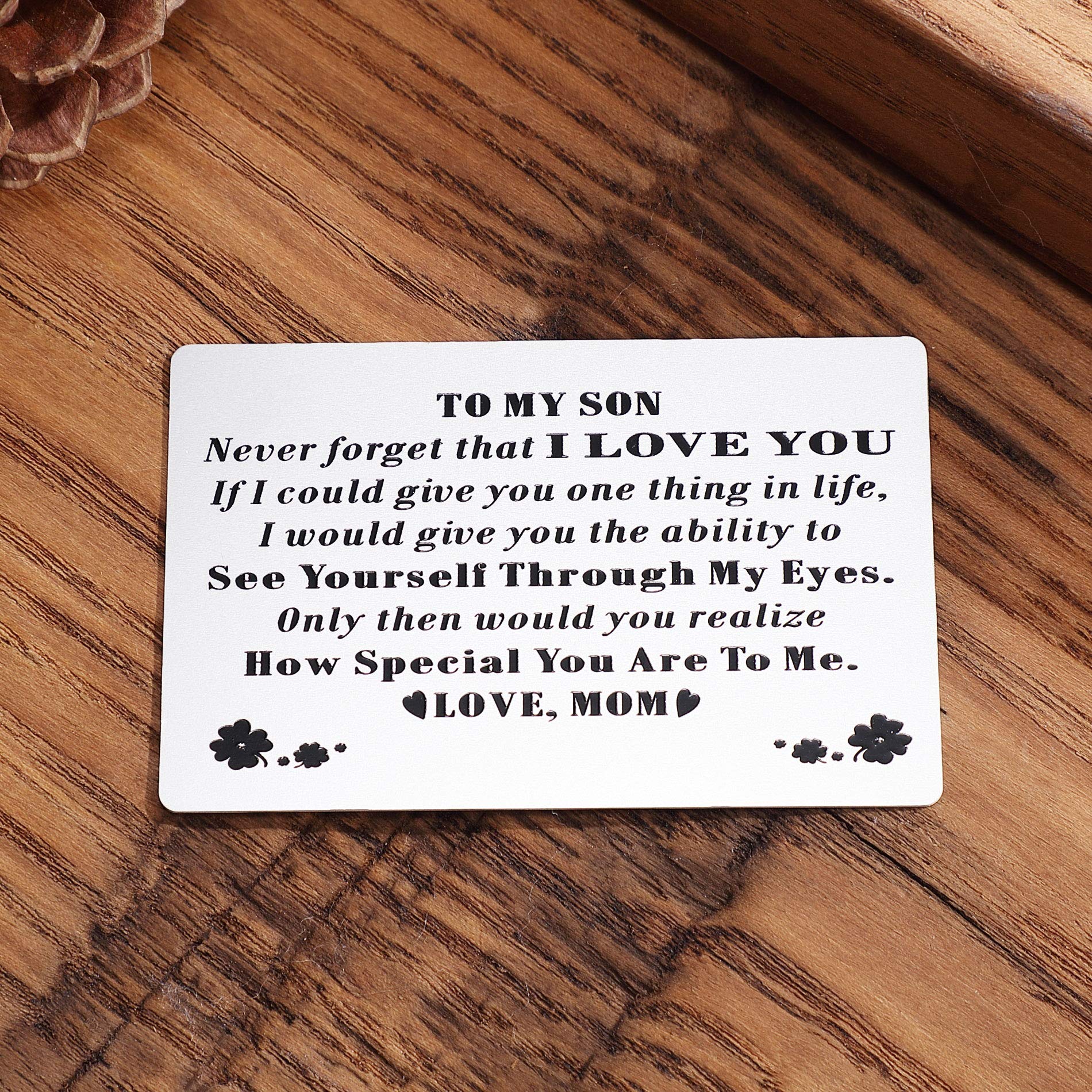 FeiYen Personalized Engraved Message Wallet Card Inserts Customized for Son from Mom Mother - I Love You - Graduation Birthday Christmas Deployment - Best Custom Metal Cards for Him