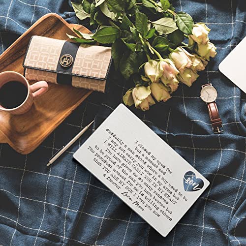 YODOCAMP Son Gifts From Mom, Engraved Wallet Card Inserts Keepsake Gifts for Son From Mom for Christmas Graduation Birthday Gift Ideas