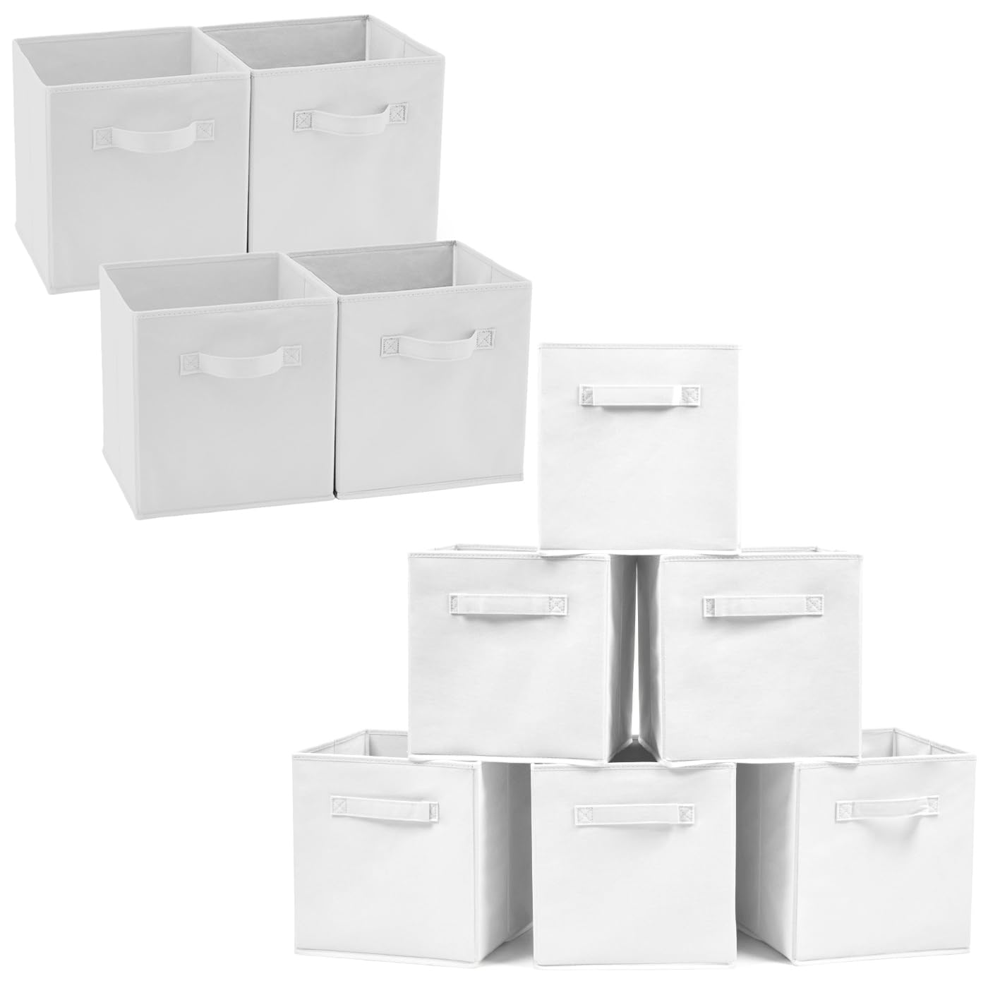 EZOWare Set of 10 Fabric Basket Bins, White Collapsible Organizer Storage Cube with Handles for Home, Bedroom, Baby Nursery, Kids Playroom - 10.5"x 10.5"x 11"