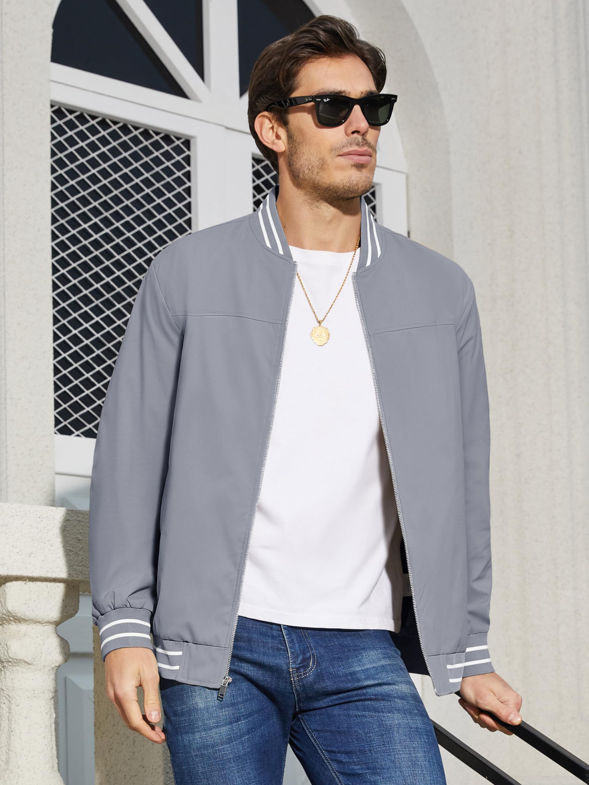 MAGCOMSEN Bomber Jackets for Men Lightweight Jacket Casual Windbreaker Jackets Windproof Zip Up Coats with 5 Pockets Light Grey, L