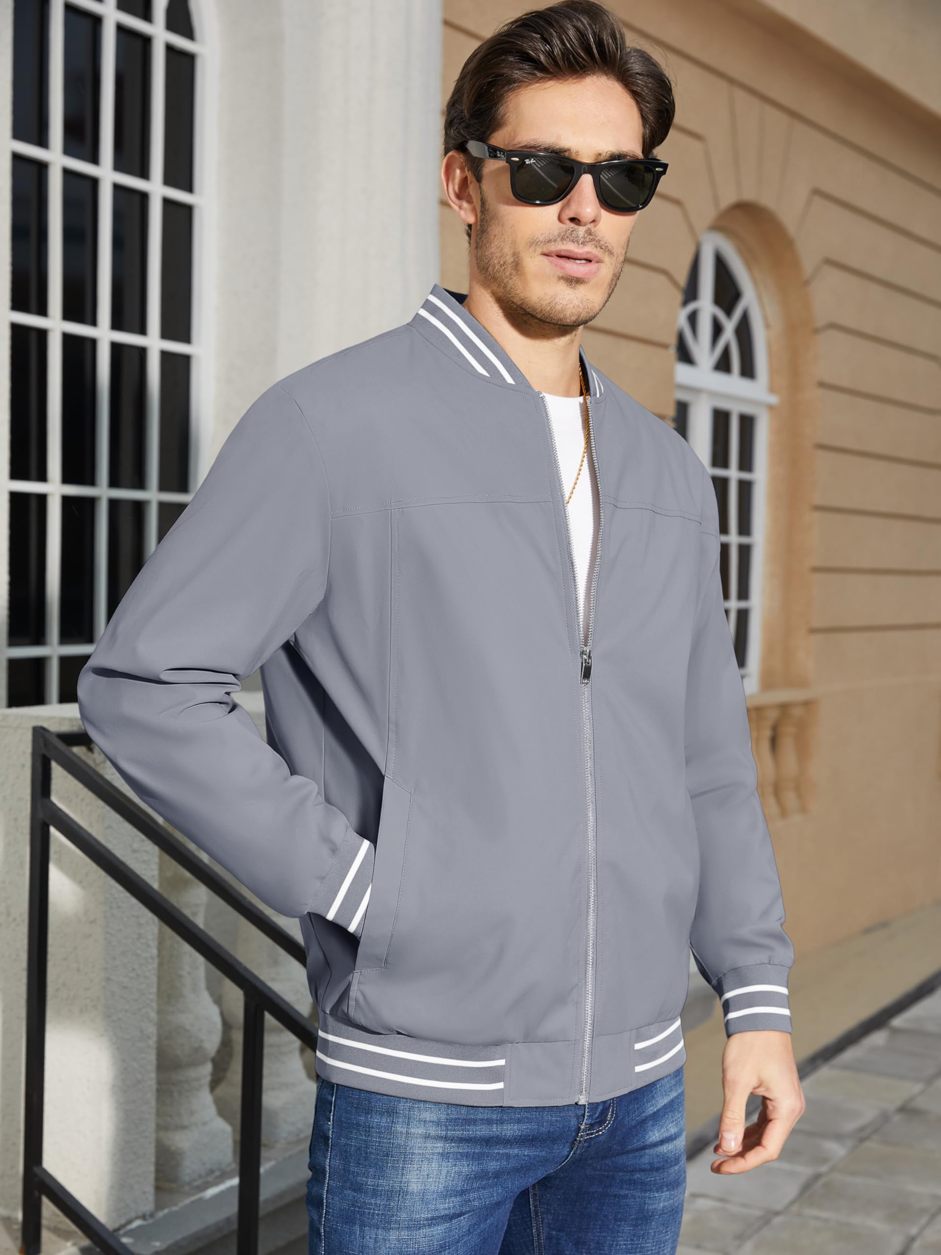 MAGCOMSEN Bomber Jackets for Men Lightweight Jacket Casual Windbreaker Jackets Windproof Zip Up Coats with 5 Pockets Light Grey, L
