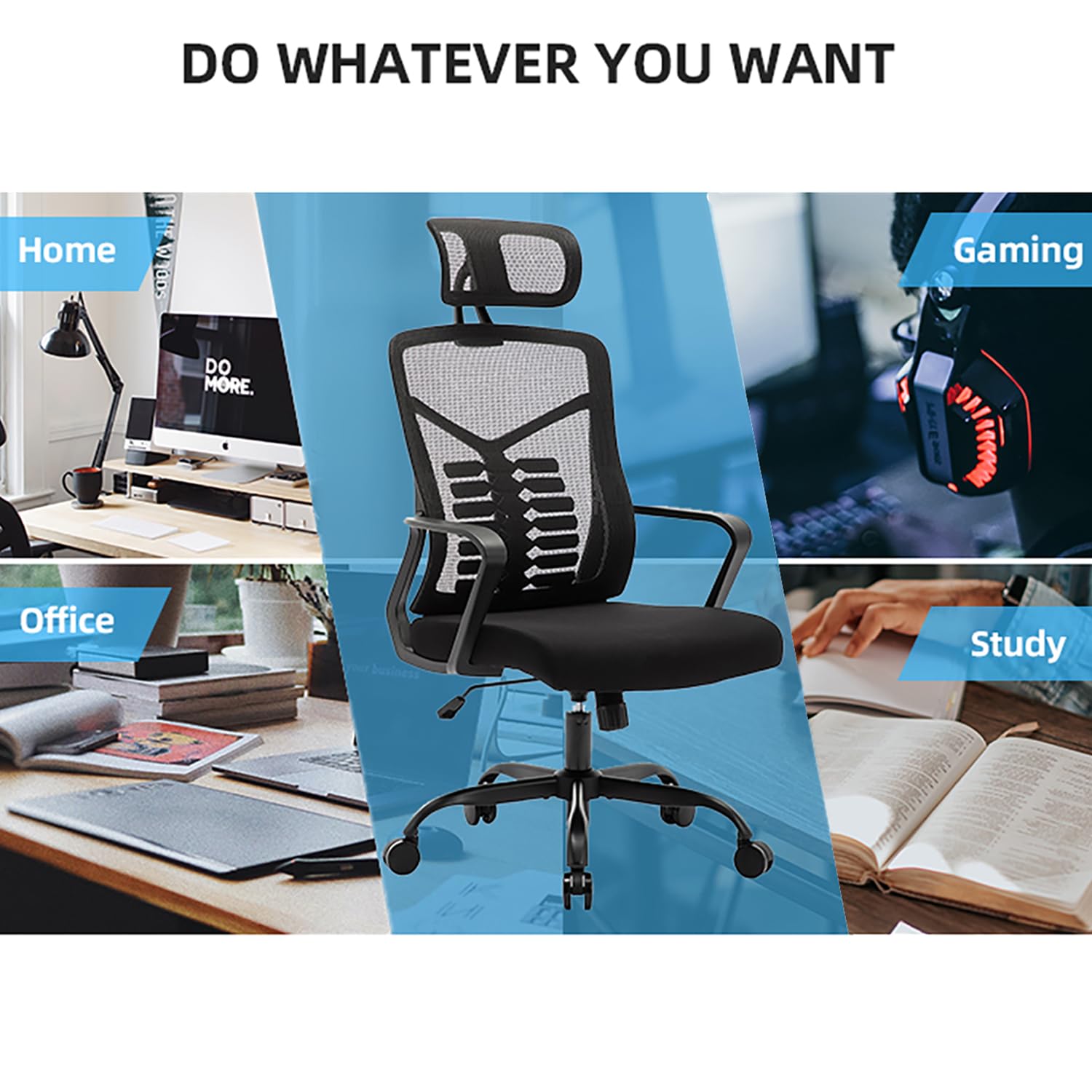 EnjoySeating Ergonomic Office Chair Heavy Duty 350 lbs, Breathable Mesh Desk Chair with 2D Headrest and Lumbar Support, Tilt Function, Swivel Task Chair for Home Work Black
