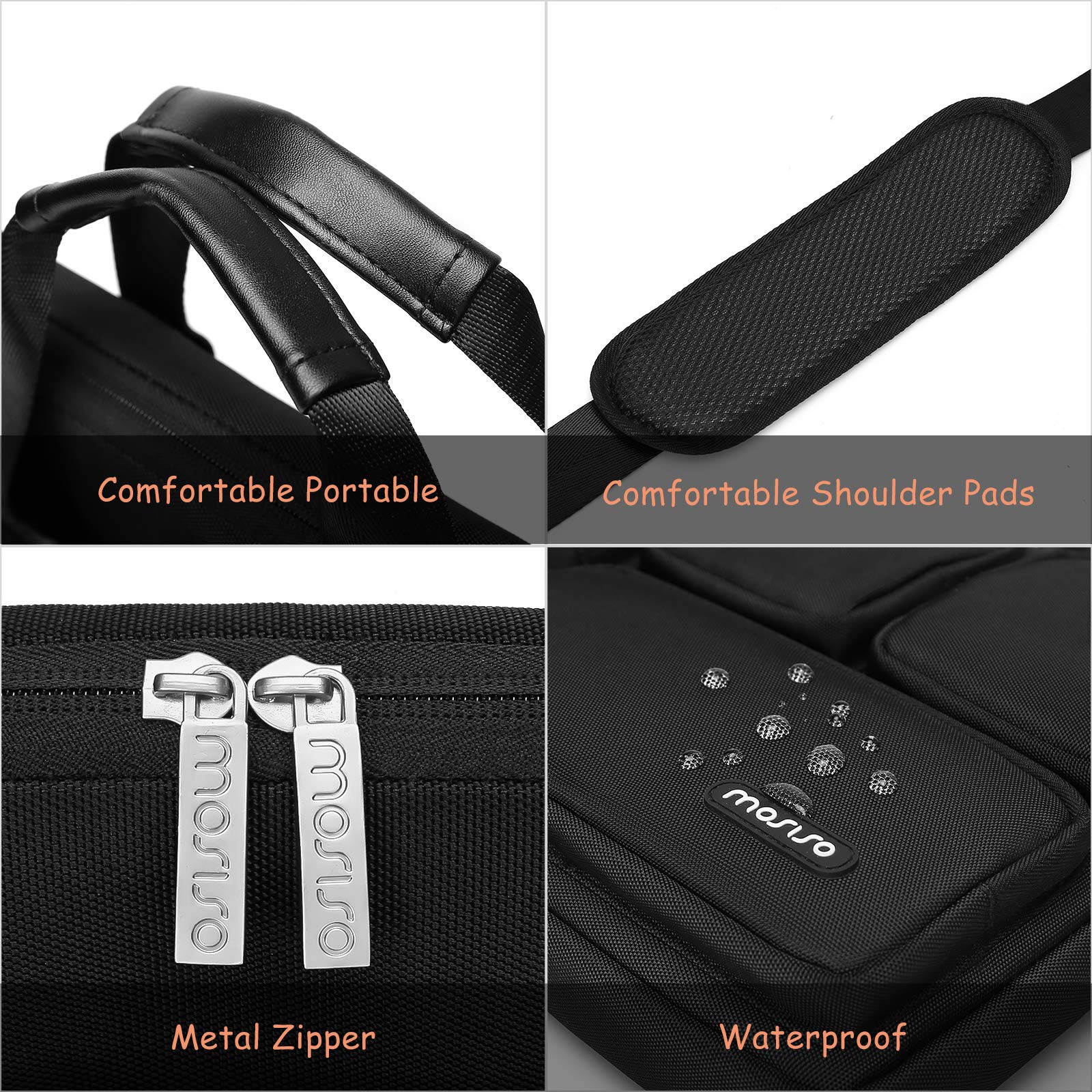 MOSISO Laptop Shoulder Messenger Bag Compatible with MacBook Air/Pro, 13-13.3 inch Notebook, Compatible with MacBook Pro 14 inch, Polyester Briefcase Sleeve with 4 Front Zipper Pockets & Belt,Black
