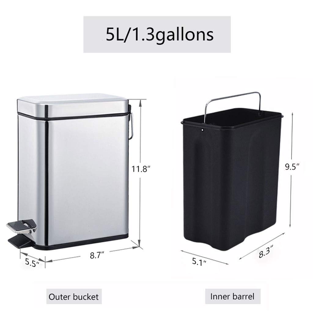 LUAN Trash Can Square Stainless Steel Kitchen Office Living Room Trash can,Foot Pedal Trash bin Removable Liner Plastic Waste bin, 5L/10L Waste Bin (Color : White-2, Size : 5L)
