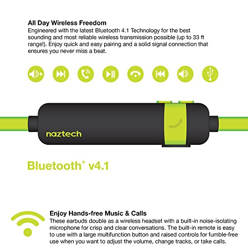 Naztech NX80w Bluetooth Wireless Earphones with Mic Compatible with iPhone 14/13/12/Pro/Pro Max, Galaxy S23/S22/S21, Tablets & More [Lime/Black] 13898