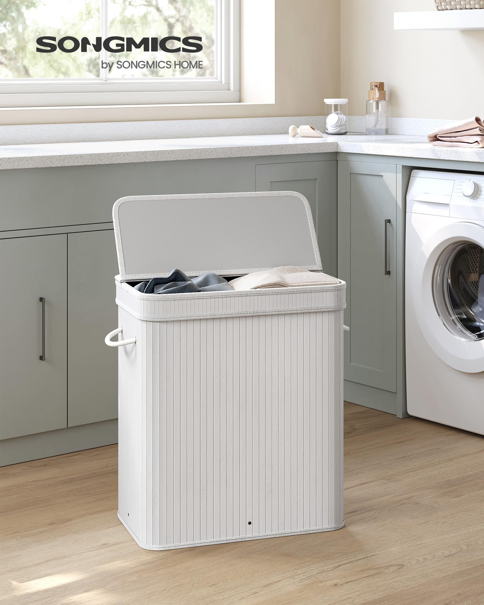 SONGMICS Laundry Hamper with Lid, Bamboo Laundry Basket, Removable Machine Washable Laundry Basket, with Handles, 26.4-Gallons, for Laundry Room, Bedroom, Bathroom, Cloud White ULCB063W01