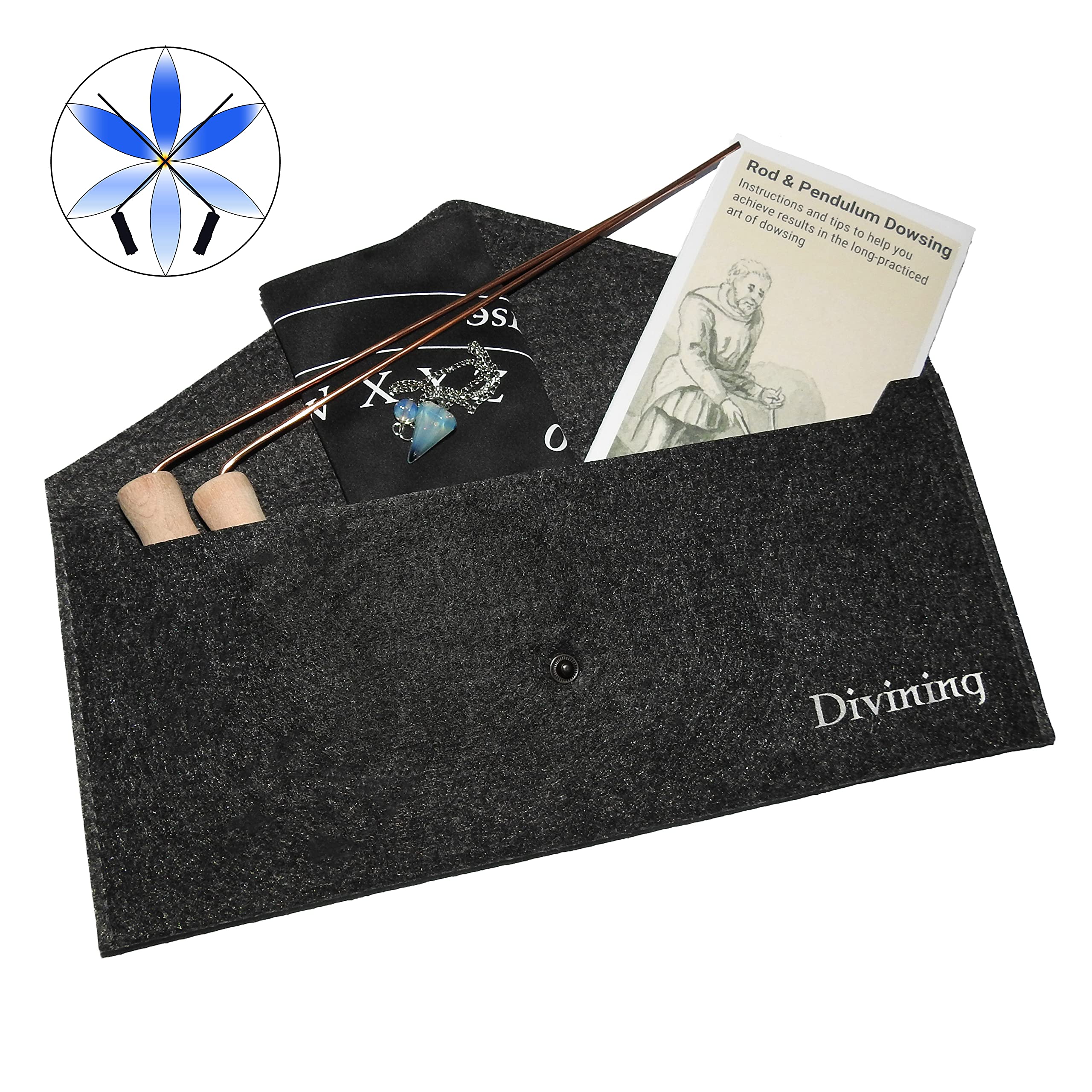 On The Fly Dowsing Kit with Pure Copper Rods and Rose Quartz Pendulum | to Start | Wooden Handles | Paranormal, Underground Resources, Answers to Questions | Made in USA