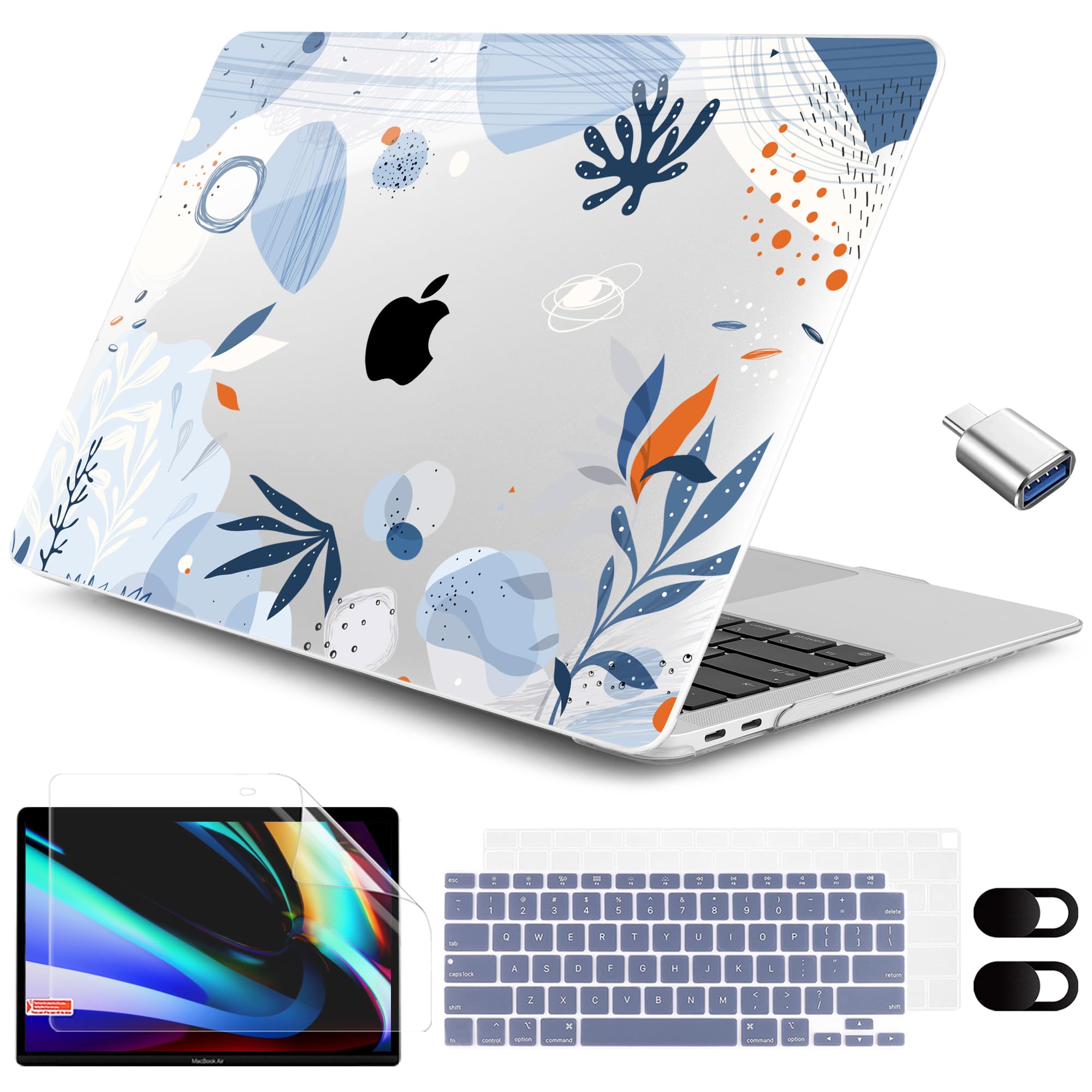 Yebiseven Case for MacBook Air 13 inch 2021 2020 2019 2018 Model A2337 M1/A2179/A1932, Laptop Hard Shell Case with Keyboard Cover & Screen Film & OTG Adapters & 2 Webcam Covers, Geometric Floral