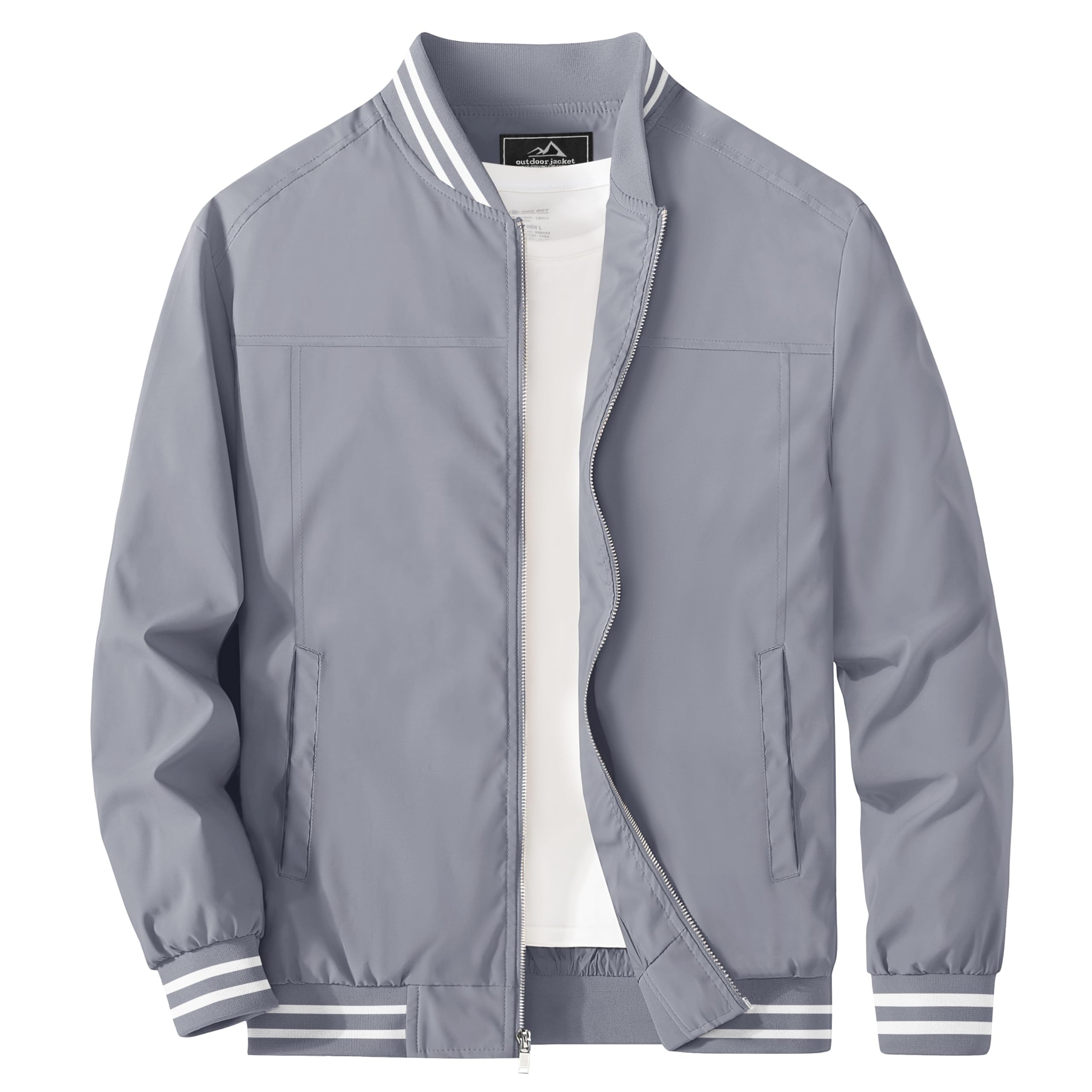 MAGCOMSEN Bomber Jackets for Men Lightweight Jacket Casual Windbreaker Jackets Windproof Zip Up Coats with 5 Pockets Light Grey, L