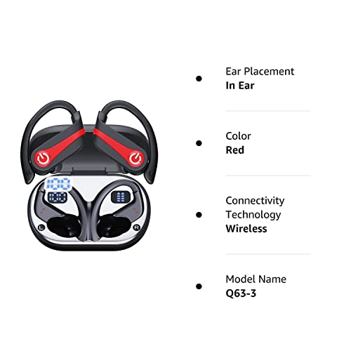 Bluetooth Earbuds 5.3 Sports Wireless Earbuds with Earhooks 2023 NEW Bluetooth Wireless Headphones Over-Ear 120H Playtime with Dual LED Display Red Earphones Deep Bass Bluetooth Ear buds for Workout