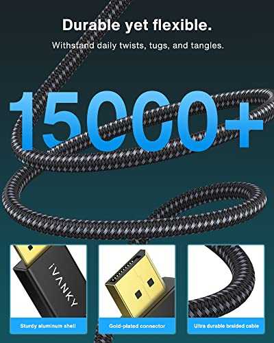VESA Certified DisplayPort Cable 1.4, iVANKY 8K DP Cable 6.6ft (8K@60Hz, 4K@144Hz, 2K@240Hz)HBR3 Support 32.4Gbps, HDR, HDCP 2.2, FreeSync G-Sync, Braided Display Port for Gaming Monitor, Graphics, PC