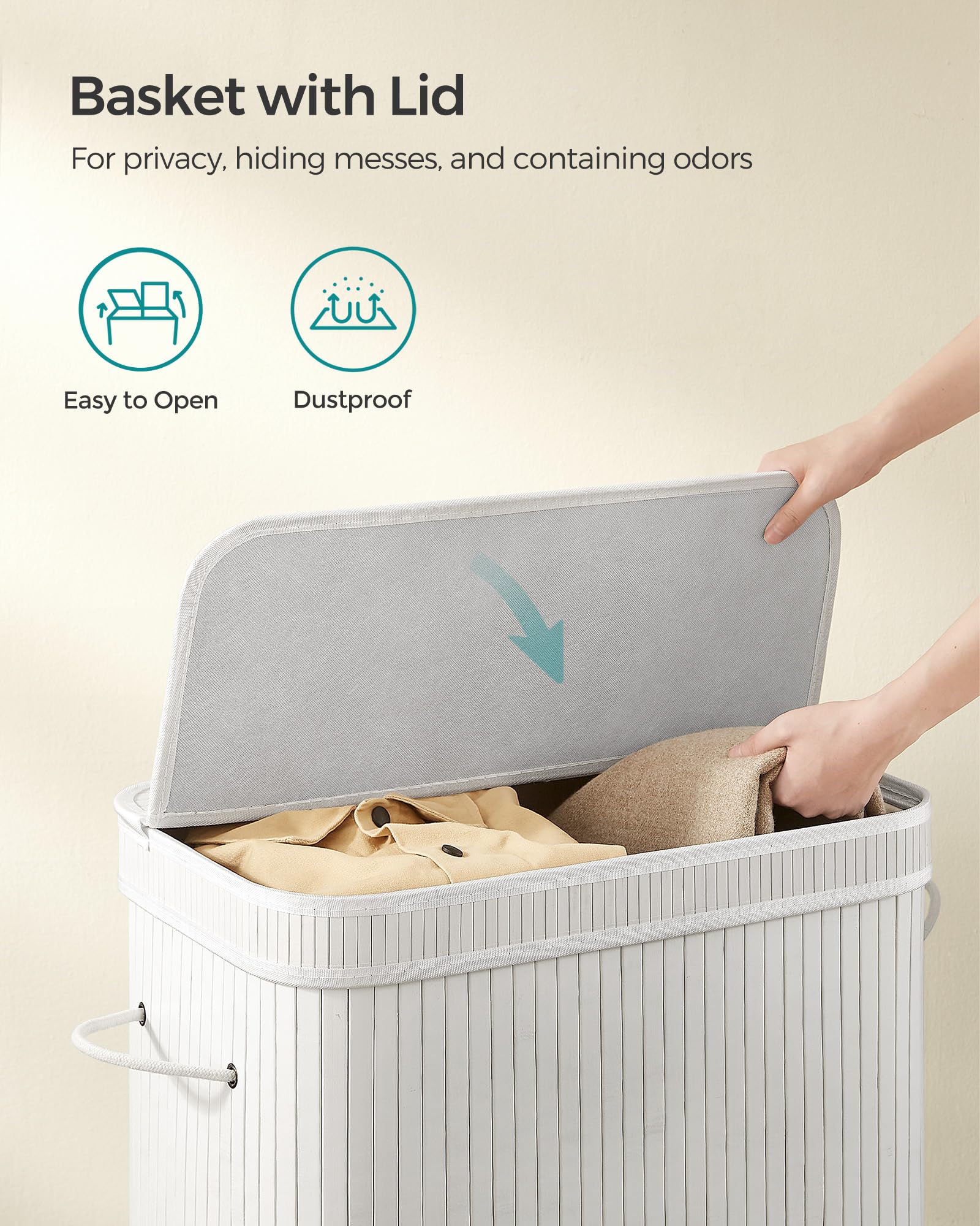 SONGMICS Laundry Hamper with Lid, Bamboo Laundry Basket, Removable Machine Washable Laundry Basket, with Handles, 26.4-Gallons, for Laundry Room, Bedroom, Bathroom, Cloud White ULCB063W01