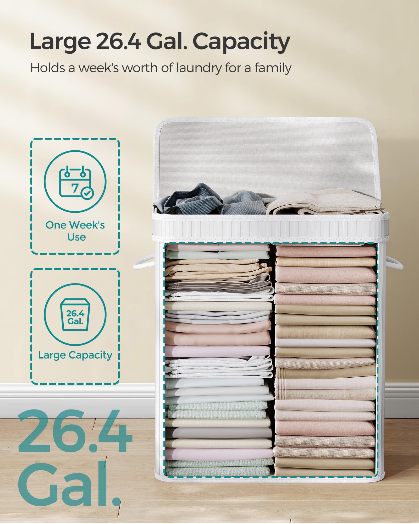 SONGMICS Laundry Hamper with Lid, Bamboo Laundry Basket, Removable Machine Washable Laundry Basket, with Handles, 26.4-Gallons, for Laundry Room, Bedroom, Bathroom, Cloud White ULCB063W01