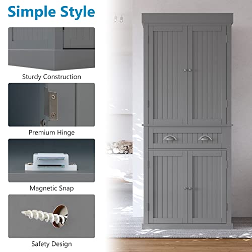 Squireewo 72" Freestanding Kitchen Pantry Storage Cabinet with Doors and Adjustable Shelves,Storage Cupboard with Large Drawer for Kitchen,Bathroom or Hallway,Grey