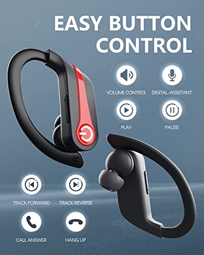 Bluetooth Earbuds 5.3 Sports Wireless Earbuds with Earhooks 2023 NEW Bluetooth Wireless Headphones Over-Ear 120H Playtime with Dual LED Display Red Earphones Deep Bass Bluetooth Ear buds for Workout