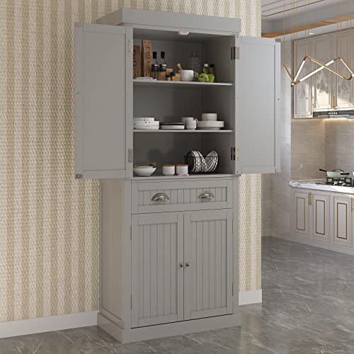 Squireewo 72" Freestanding Kitchen Pantry Storage Cabinet with Doors and Adjustable Shelves,Storage Cupboard with Large Drawer for Kitchen,Bathroom or Hallway,Grey