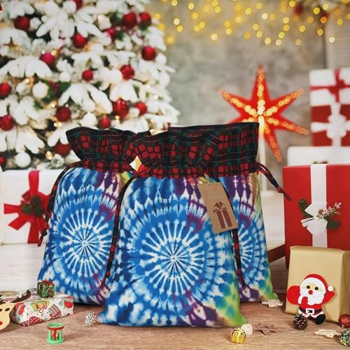 Christmas Gift Bags with Drawstring Burlap Gift Bags Abstract Tie Dye Christmas Linen Bags for Xmas Party Candy Bags with Cards Xmas Reusable Wrapping Bags Christmas Linen Treat Bags for Holiday