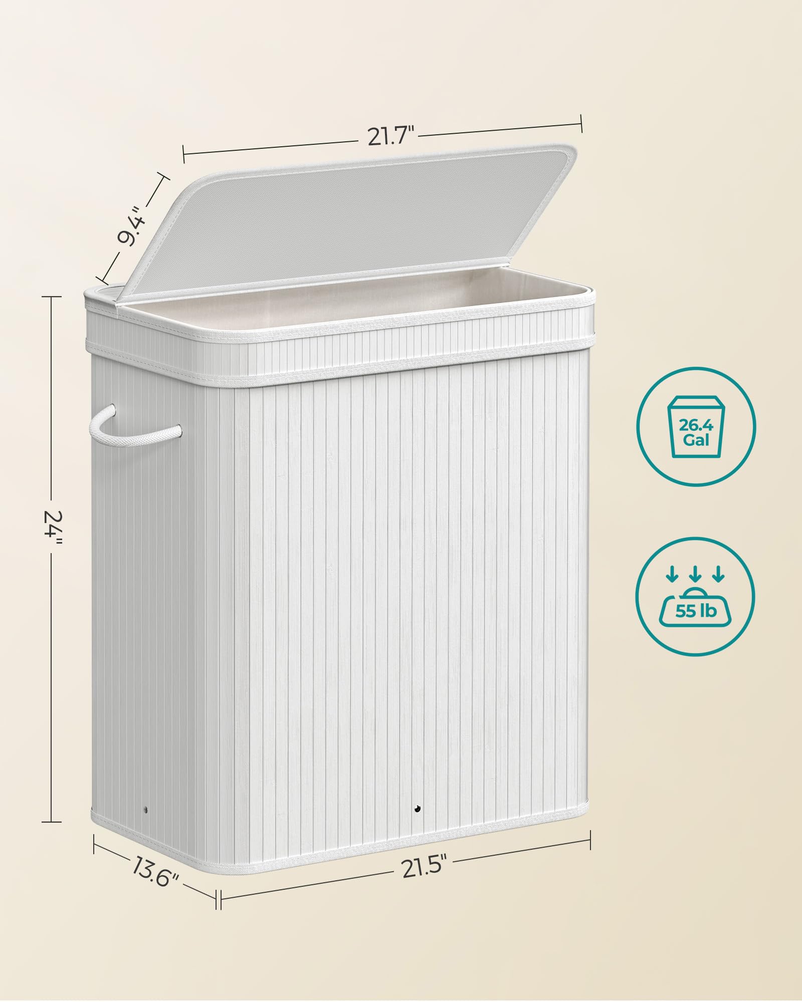 SONGMICS Laundry Hamper with Lid, Bamboo Laundry Basket, Removable Machine Washable Laundry Basket, with Handles, 26.4-Gallons, for Laundry Room, Bedroom, Bathroom, Cloud White ULCB063W01