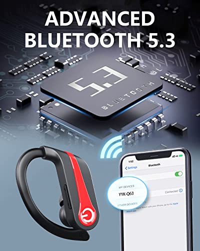 Bluetooth Earbuds 5.3 Sports Wireless Earbuds with Earhooks 2023 NEW Bluetooth Wireless Headphones Over-Ear 120H Playtime with Dual LED Display Red Earphones Deep Bass Bluetooth Ear buds for Workout