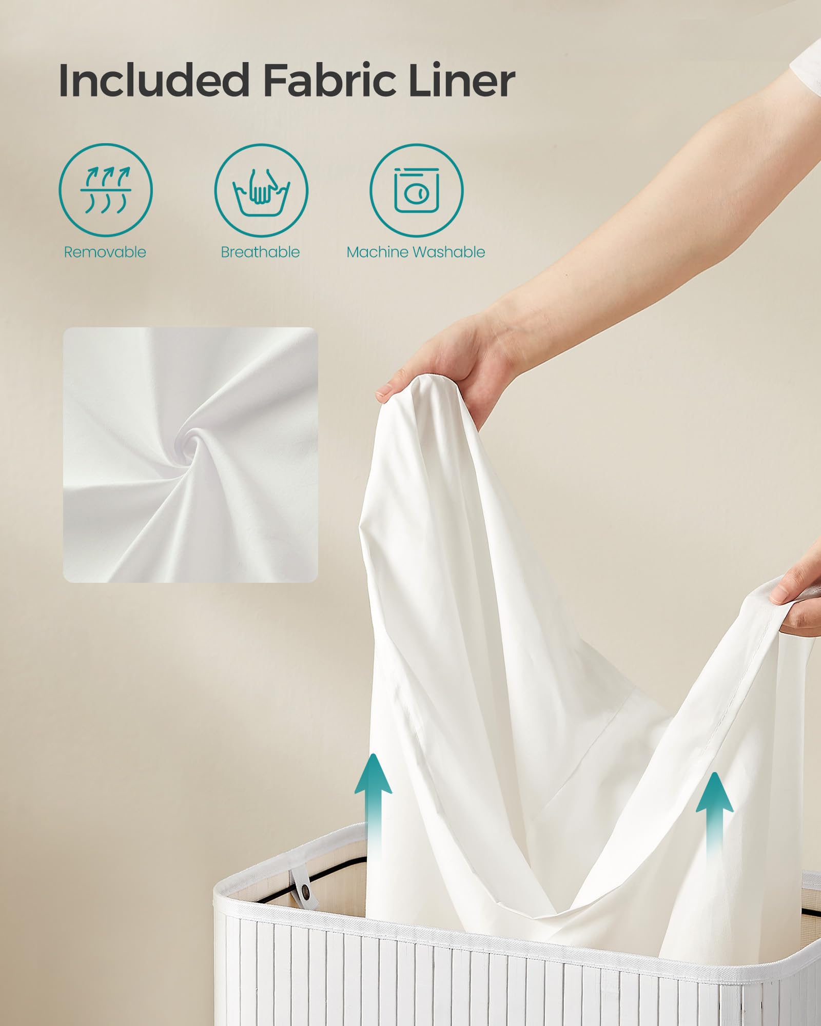 SONGMICS Laundry Hamper with Lid, Bamboo Laundry Basket, Removable Machine Washable Laundry Basket, with Handles, 26.4-Gallons, for Laundry Room, Bedroom, Bathroom, Cloud White ULCB063W01