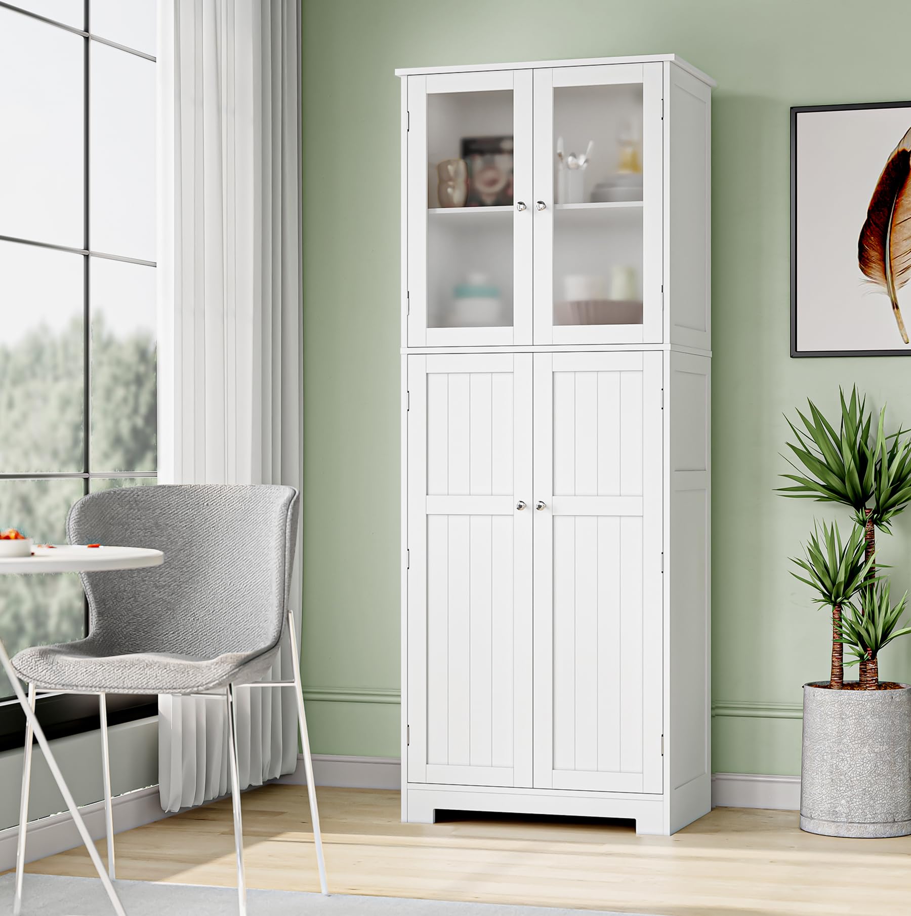 BOTLOG Tall Kitchen Pantry, 67-Inch High Freestanding Tall Cupboard Storage Cabinet with Glass Doors and Shelves, Modern Food Pantry Cabinet Cupboard White for Kitchen, Dining Room, Home bar