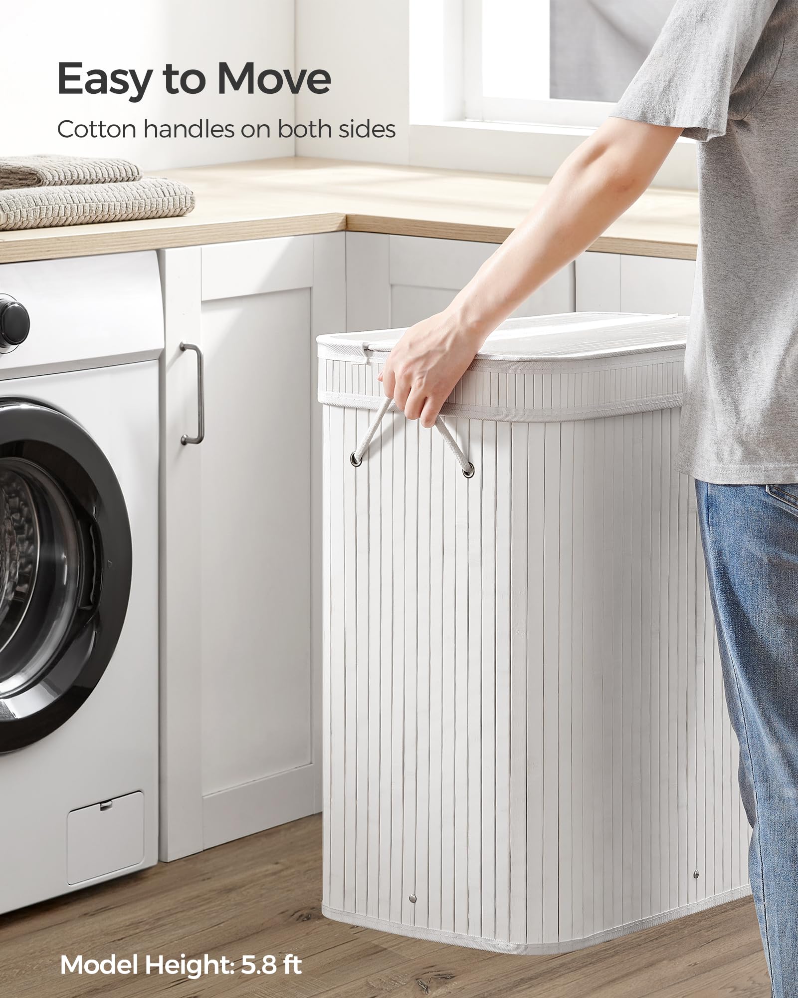 SONGMICS Laundry Hamper with Lid, Bamboo Laundry Basket, Removable Machine Washable Laundry Basket, with Handles, 26.4-Gallons, for Laundry Room, Bedroom, Bathroom, Cloud White ULCB063W01