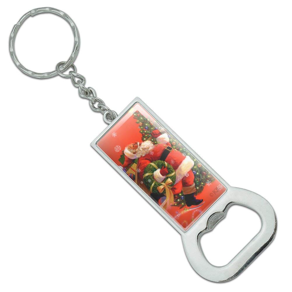 GRAPHICS & MORE Christmas Holiday Santa Skating Toys Tree Keychain Rectangle Chrome Plated Metal Bottle Cap Opener