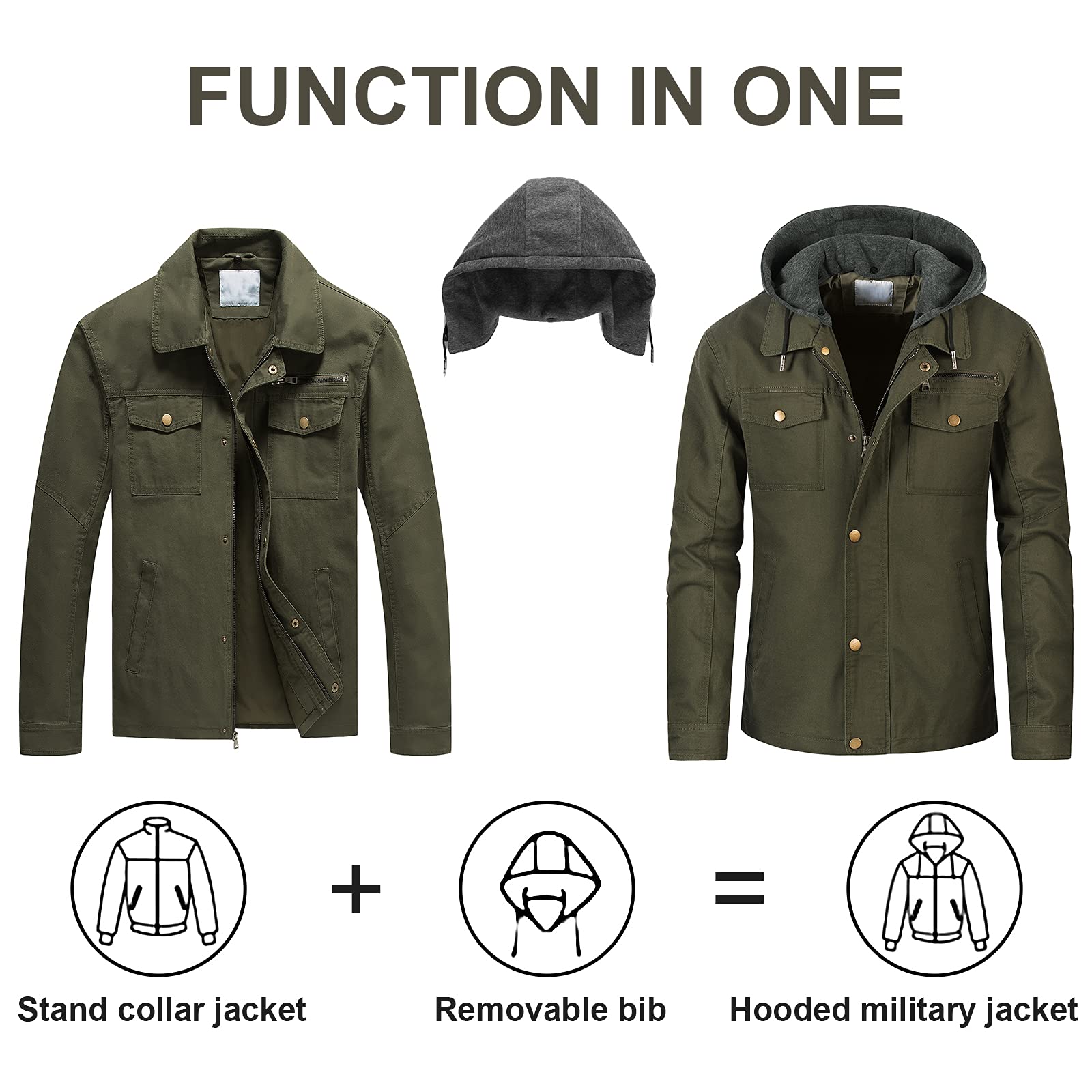 Pursky Men's Spring Fall Casual Windbreaker Army Jacket Cargo Cotton Hooded Military Bomber Coat L Army Green