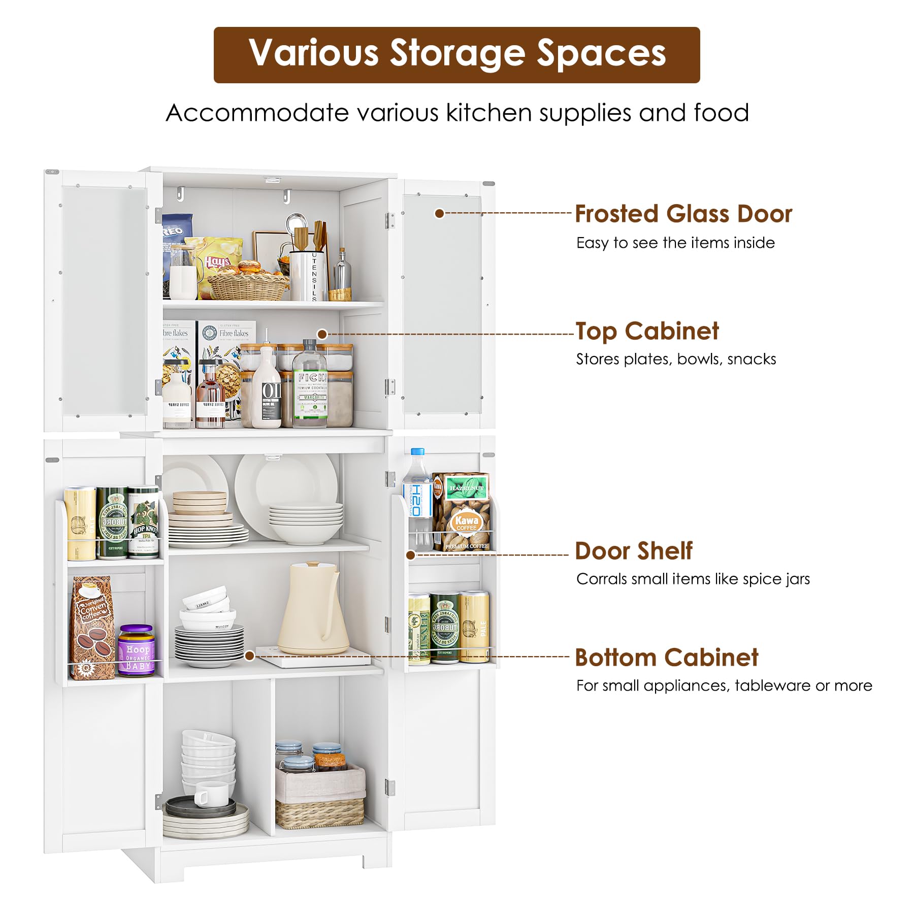 BOTLOG Tall Kitchen Pantry, 67-Inch High Freestanding Tall Cupboard Storage Cabinet with Glass Doors and Shelves, Modern Food Pantry Cabinet Cupboard White for Kitchen, Dining Room, Home bar
