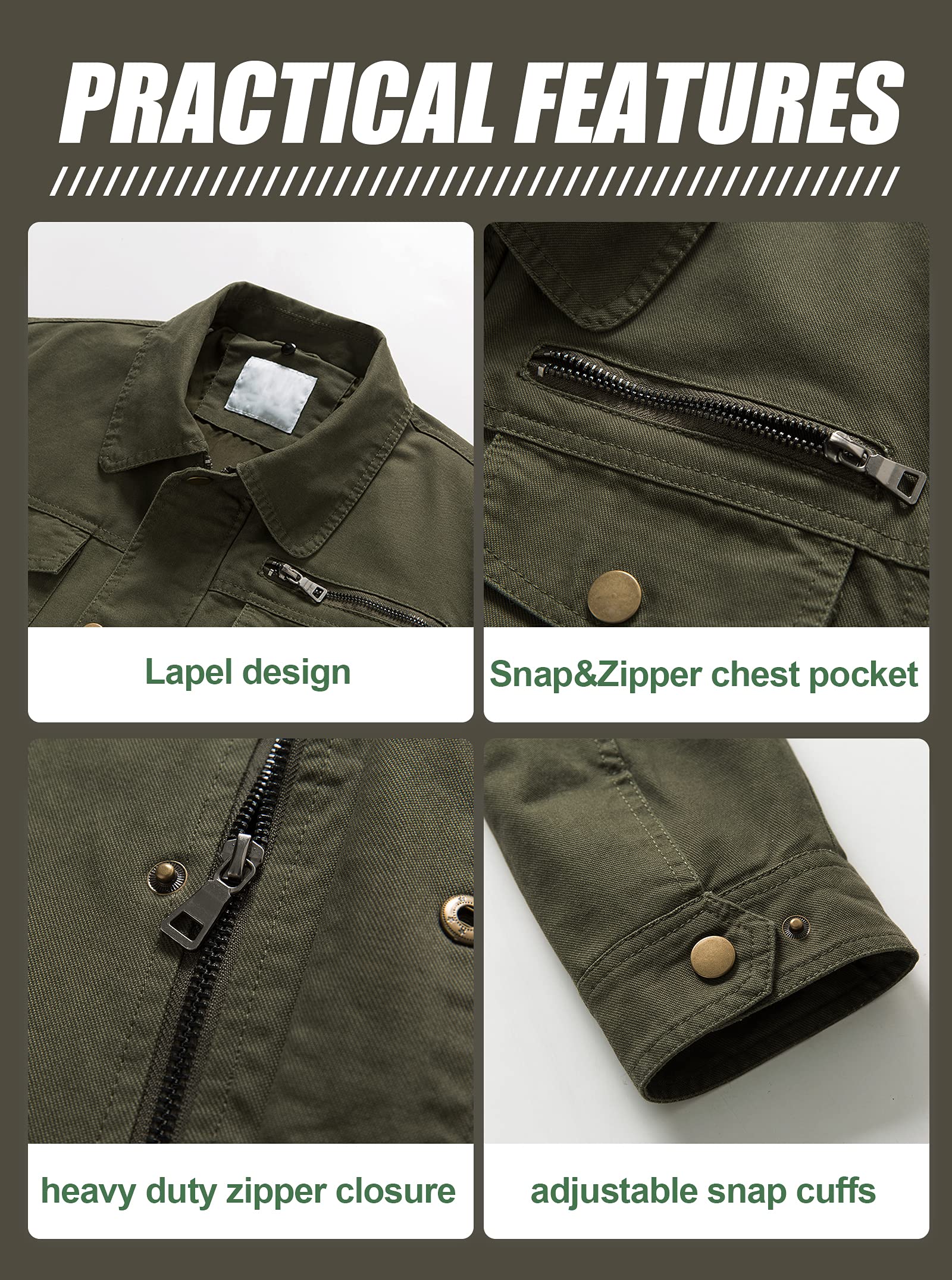 Pursky Men's Spring Fall Casual Windbreaker Army Jacket Cargo Cotton Hooded Military Bomber Coat L Army Green
