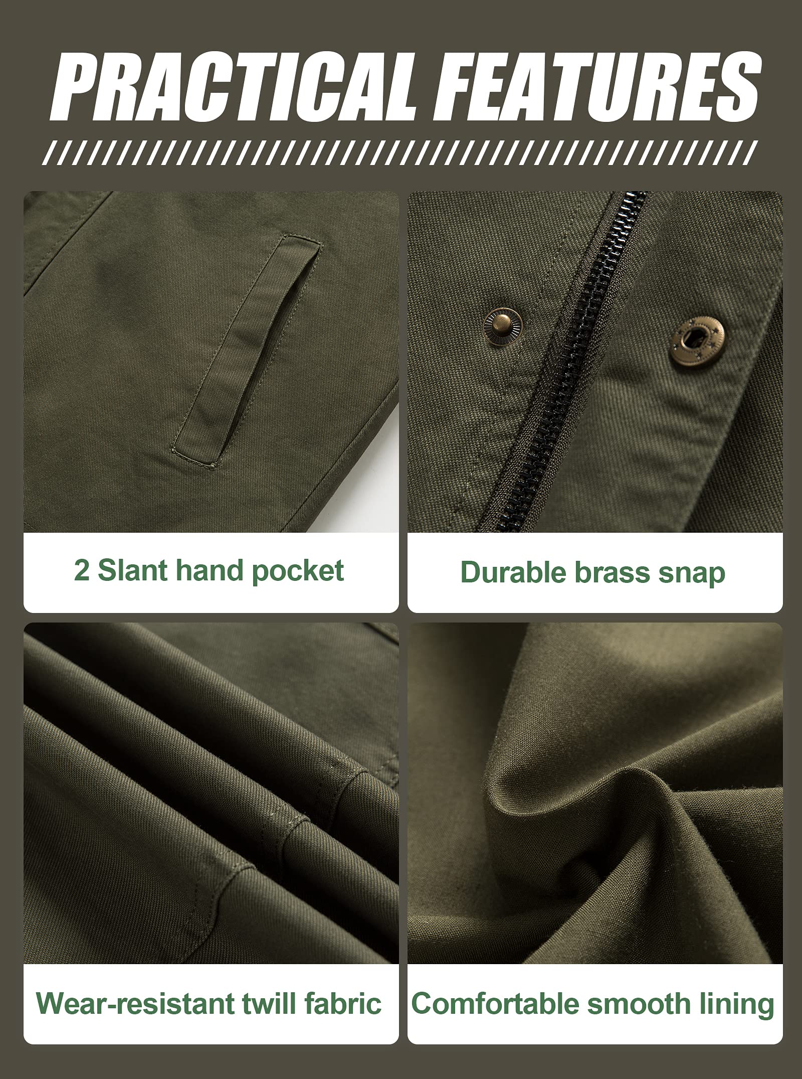 Pursky Men's Spring Fall Casual Windbreaker Army Jacket Cargo Cotton Hooded Military Bomber Coat L Army Green