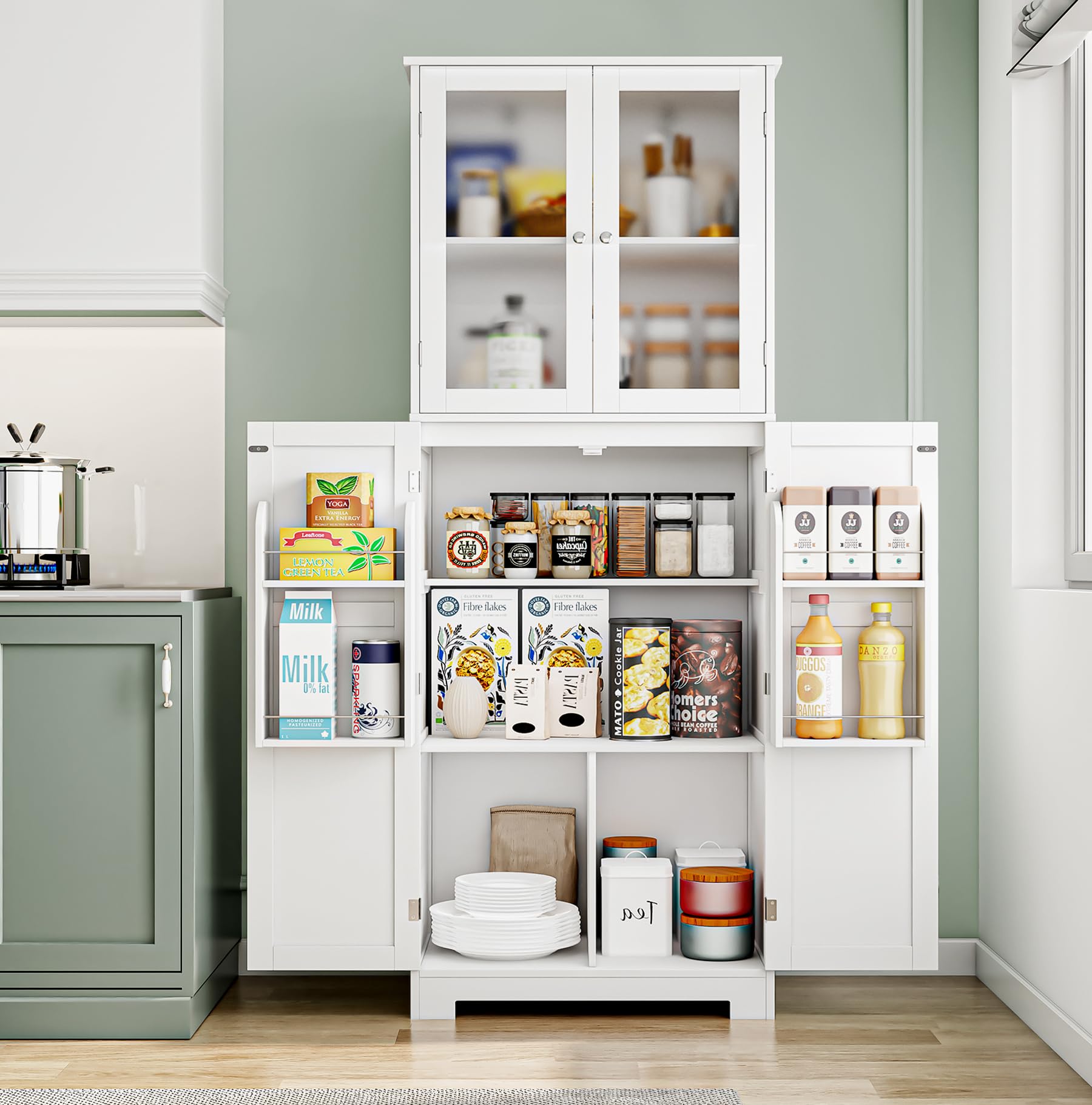 BOTLOG Tall Kitchen Pantry, 67-Inch High Freestanding Tall Cupboard Storage Cabinet with Glass Doors and Shelves, Modern Food Pantry Cabinet Cupboard White for Kitchen, Dining Room, Home bar