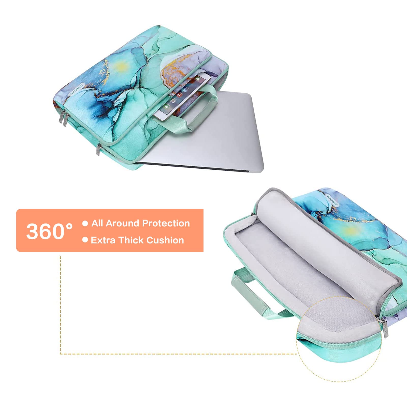 MOSISO 360 Protective Laptop Shoulder Bag Compatible with MacBook Air/Pro,13-13.3 inch Notebook,Compatible with MacBook Pro 14 inch M3 M2 M1 2023-2021, Polyester Sleeve with Belt Marble MO-MBH189