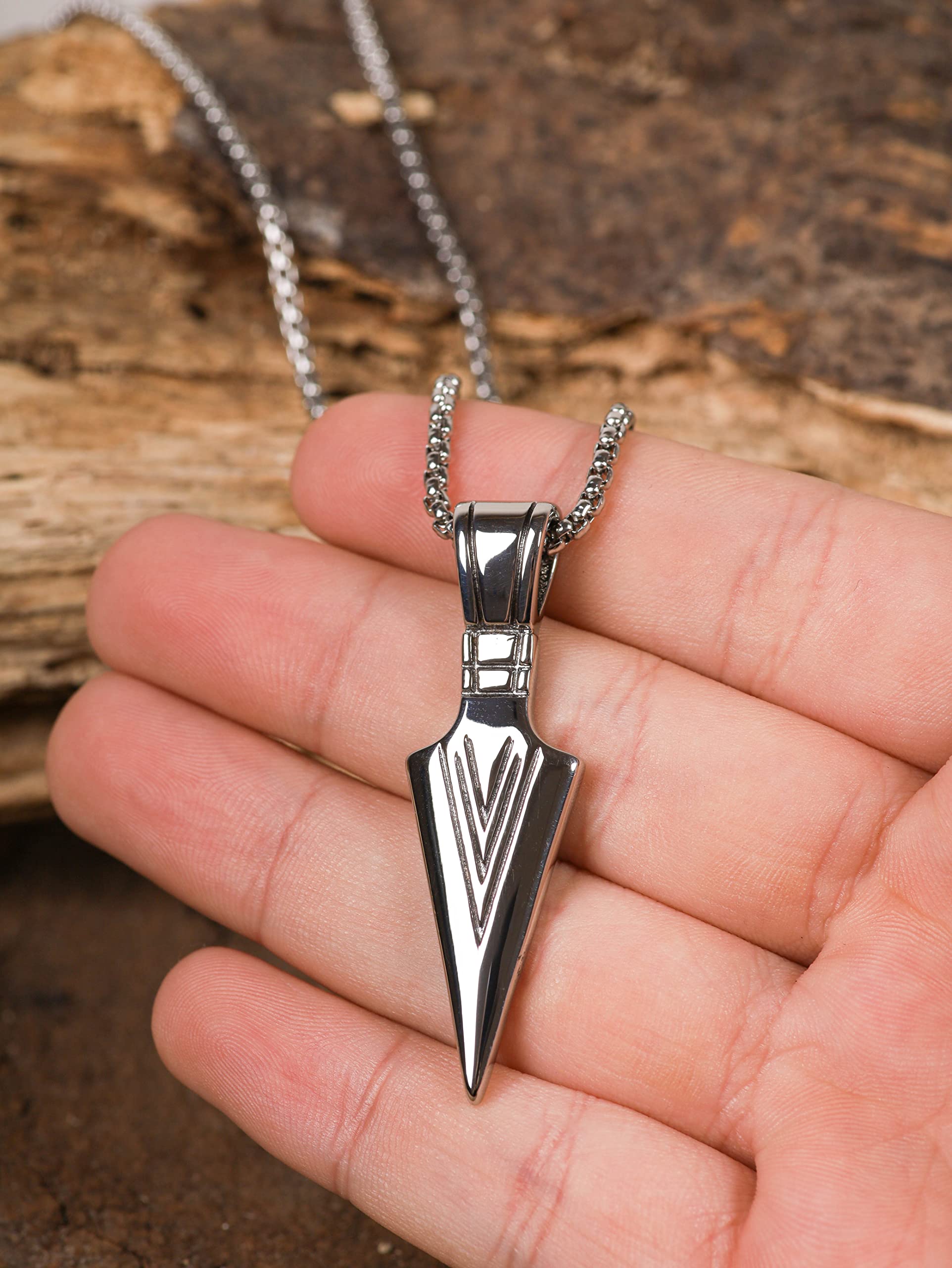 HAQUIL Arrowhead Necklace, Silver Plated Stainless Steel Arrowhead Pendant, Box Chain, Jewelry Gift for Men
