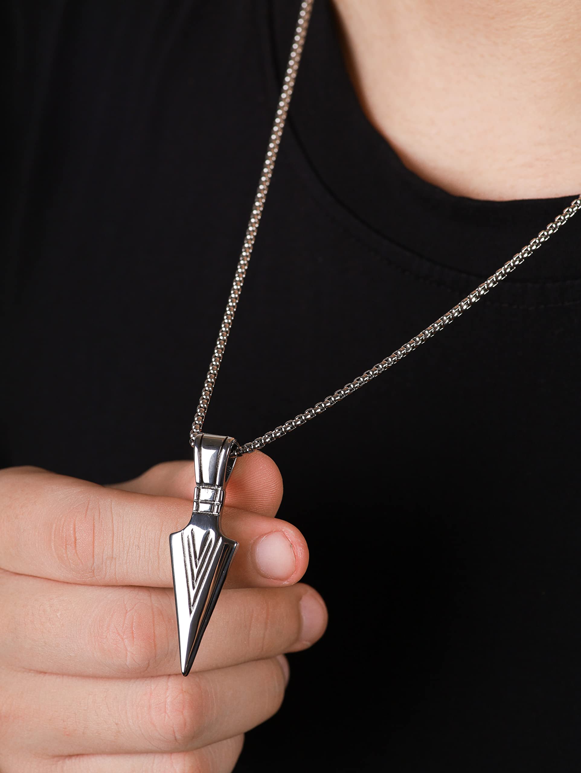HAQUIL Arrowhead Necklace, Silver Plated Stainless Steel Arrowhead Pendant, Box Chain, Jewelry Gift for Men