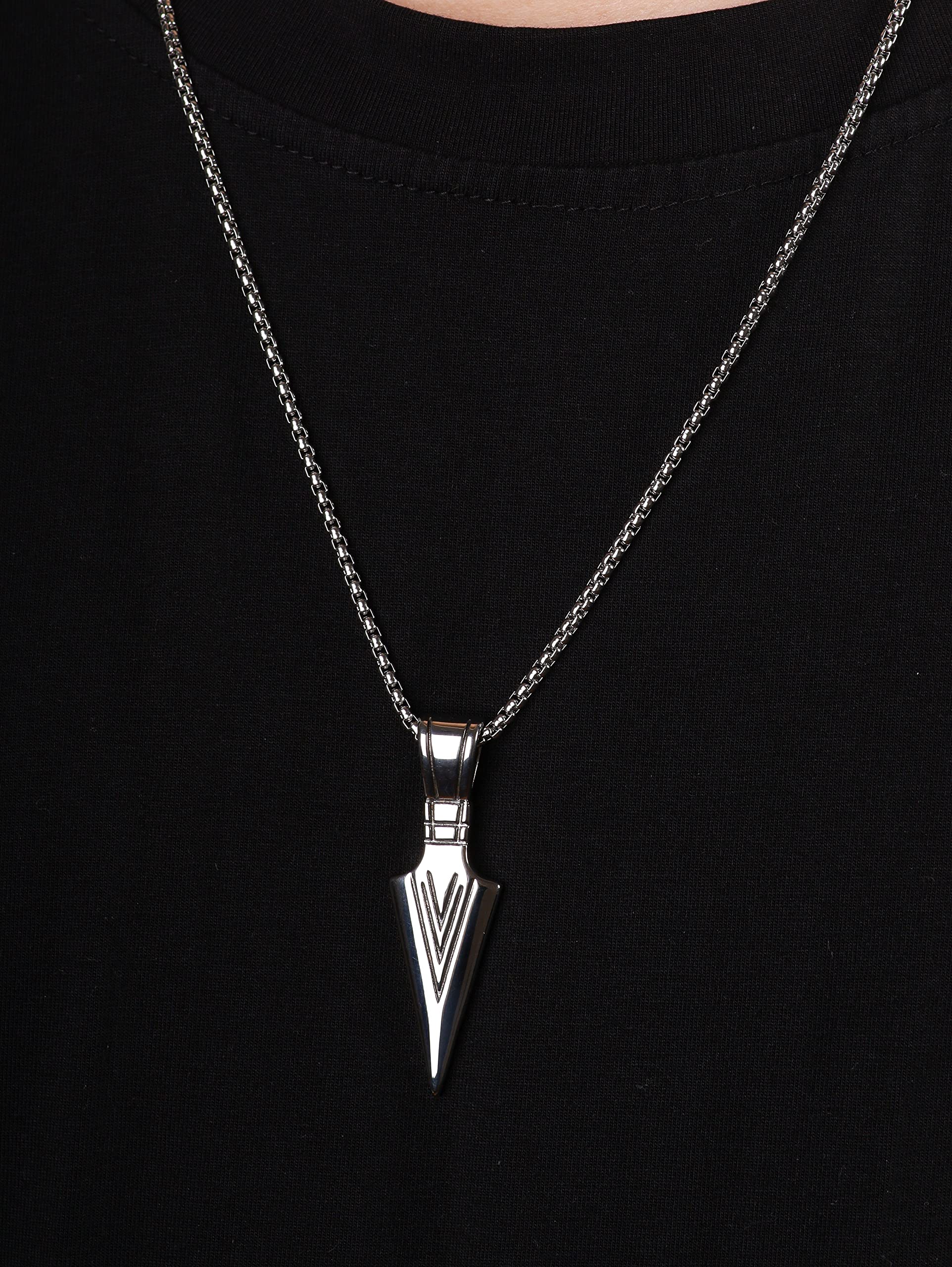 HAQUIL Arrowhead Necklace, Silver Plated Stainless Steel Arrowhead Pendant, Box Chain, Jewelry Gift for Men