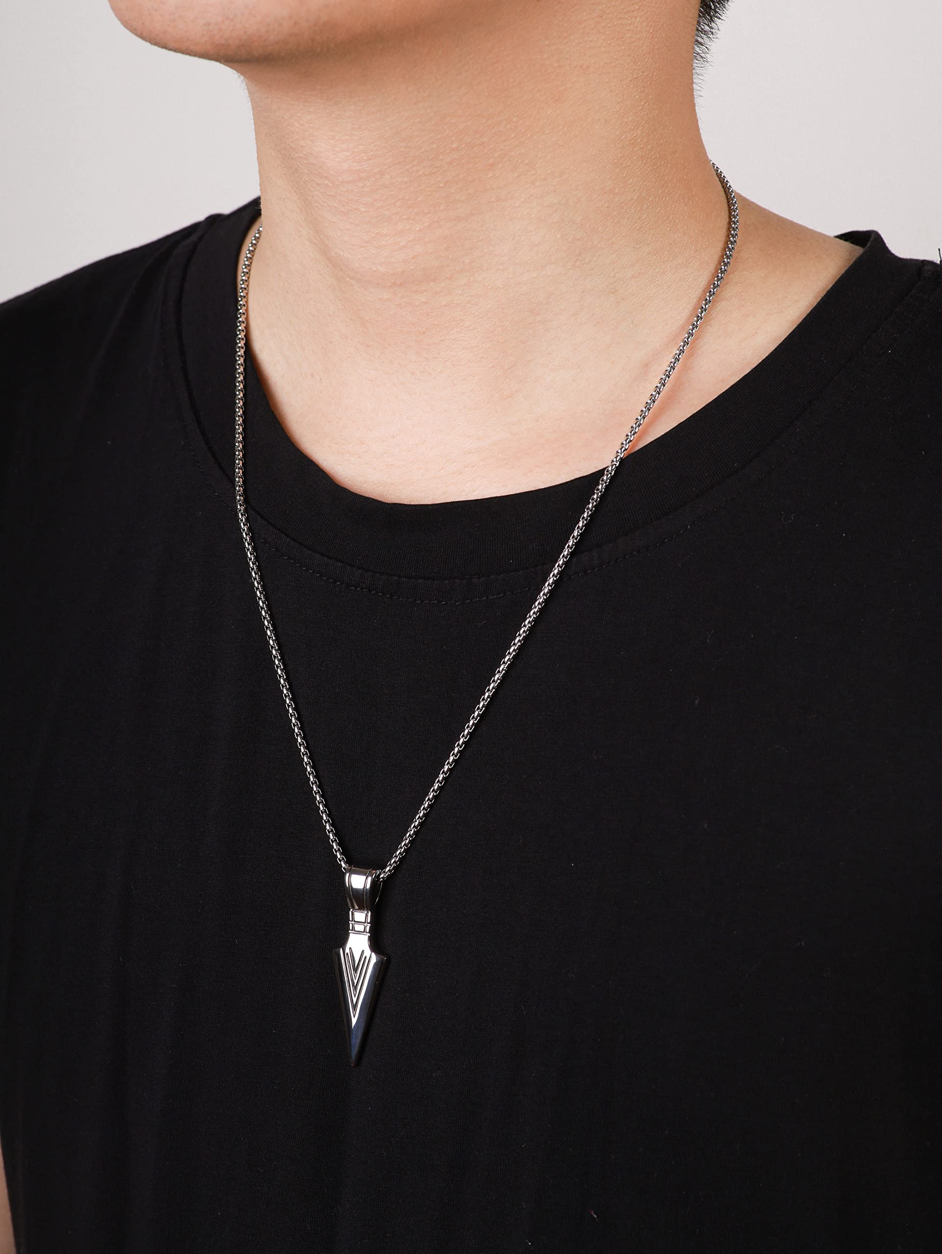 HAQUIL Arrowhead Necklace, Silver Plated Stainless Steel Arrowhead Pendant, Box Chain, Jewelry Gift for Men