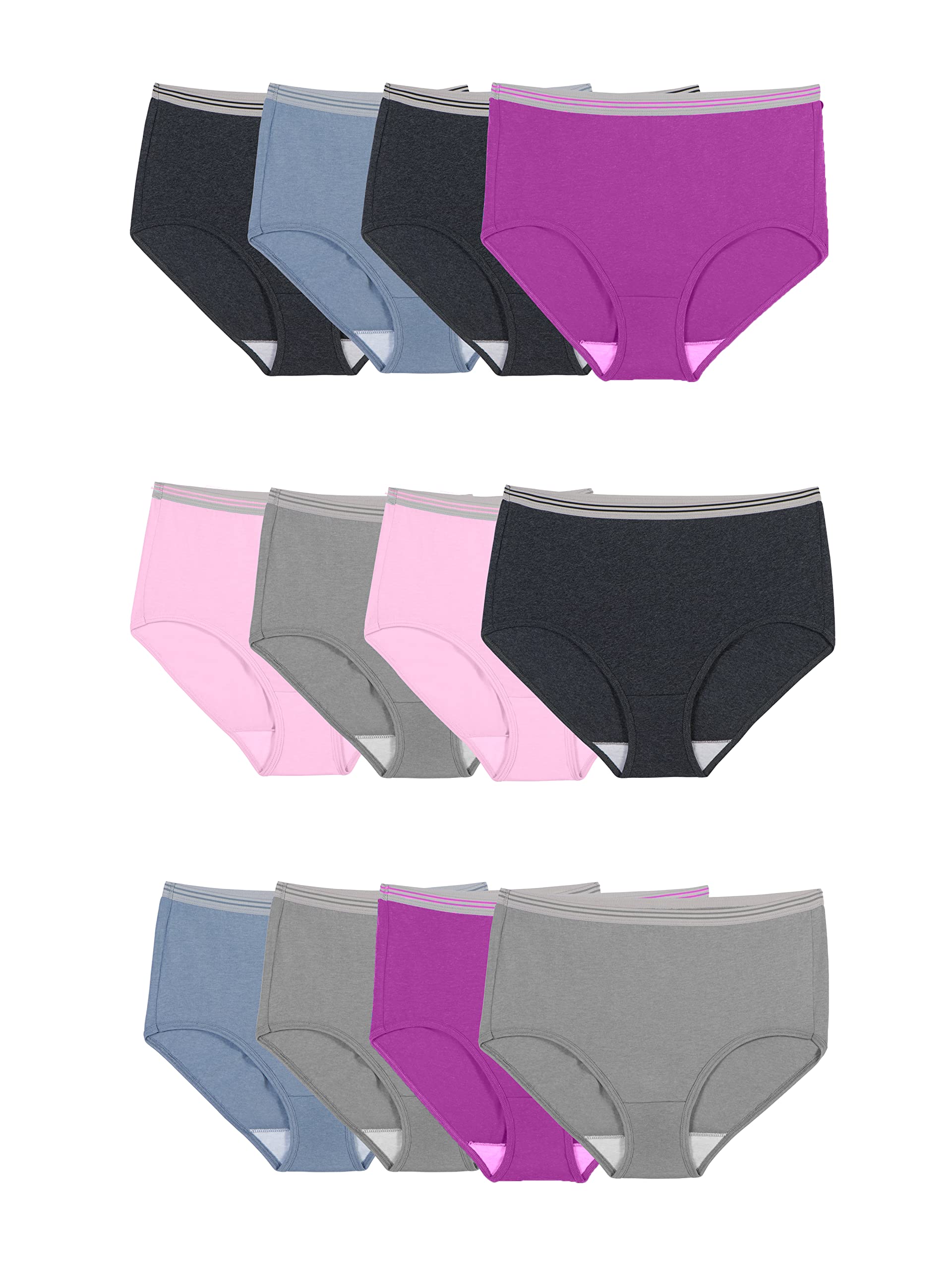 Fruit of the Loom Women's Eversoft Cotton Brief Underwear, Tag Free & Breathable, Available in Plus Size, Brief - Cotton Blend - 12 Pack - Grey/Pink/Blue, 7