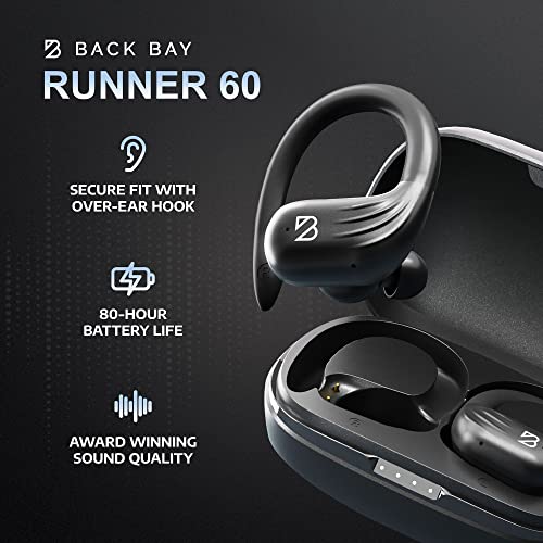 Runner 60 Wireless Sport Earbuds for Running 80 Hour Long Battery Life Over the Ear Earbuds with EarHooks, Wrap Around Ear buds Wireless Bluetooth Earbuds with Microphone, Earphones In Ear Headphones