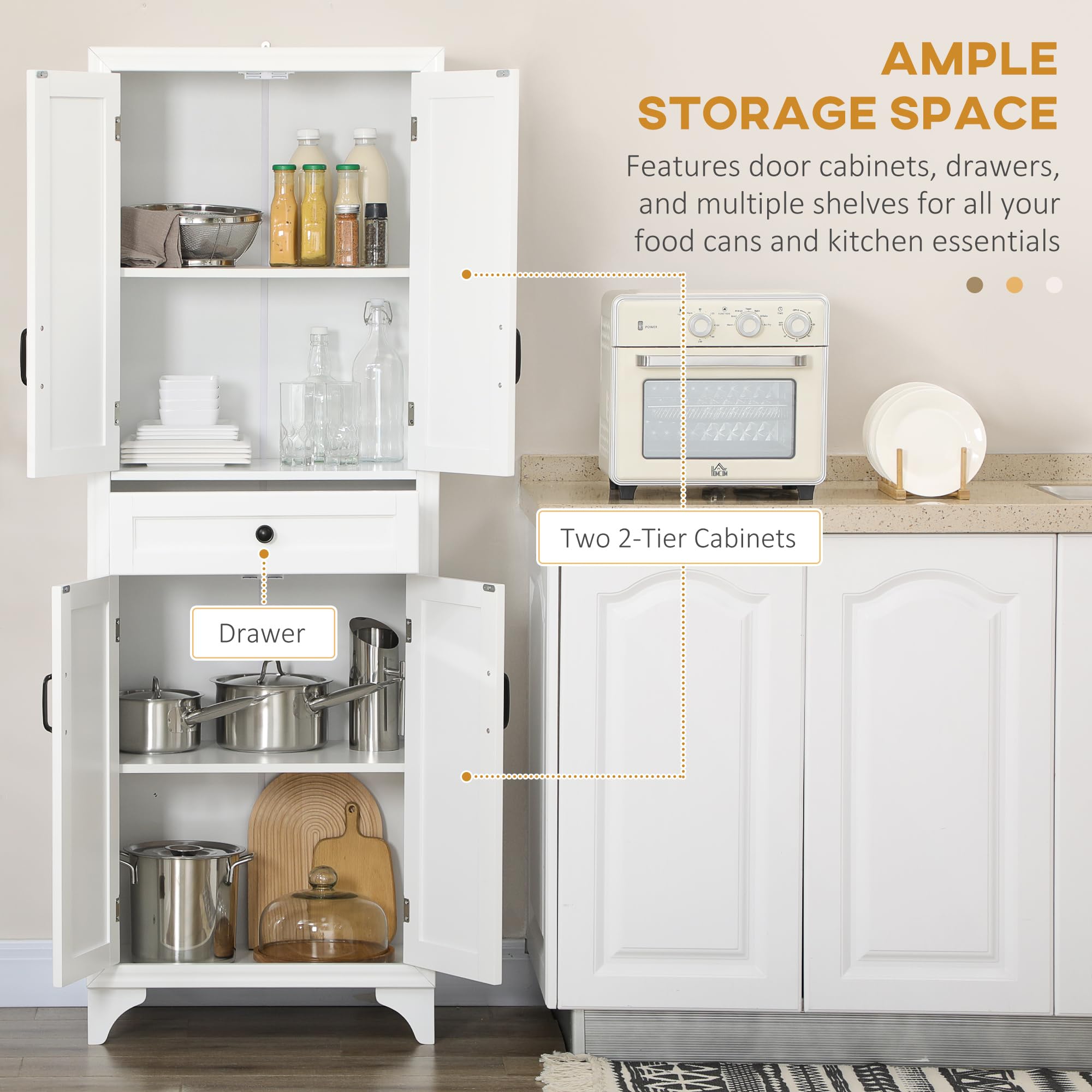 HOMCOM 67" Tall Freestanding Kitchen Pantry Cabinet, 4-Door Storage Cabinet with Drawer and Adjustable Shelves for Dining Room, White