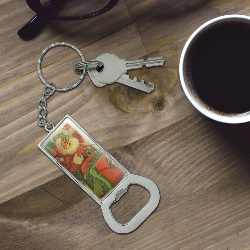 GRAPHICS & MORE Christmas Holiday Retro Antique Santa Sleigh Keychain Rectangle Chrome Plated Metal Bottle Cap Opener
