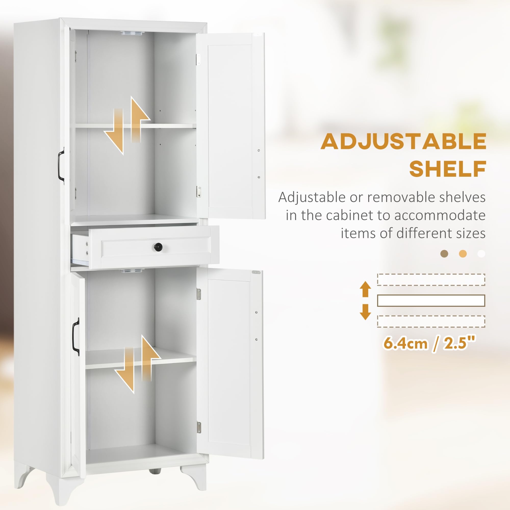 HOMCOM 67" Tall Freestanding Kitchen Pantry Cabinet, 4-Door Storage Cabinet with Drawer and Adjustable Shelves for Dining Room, White