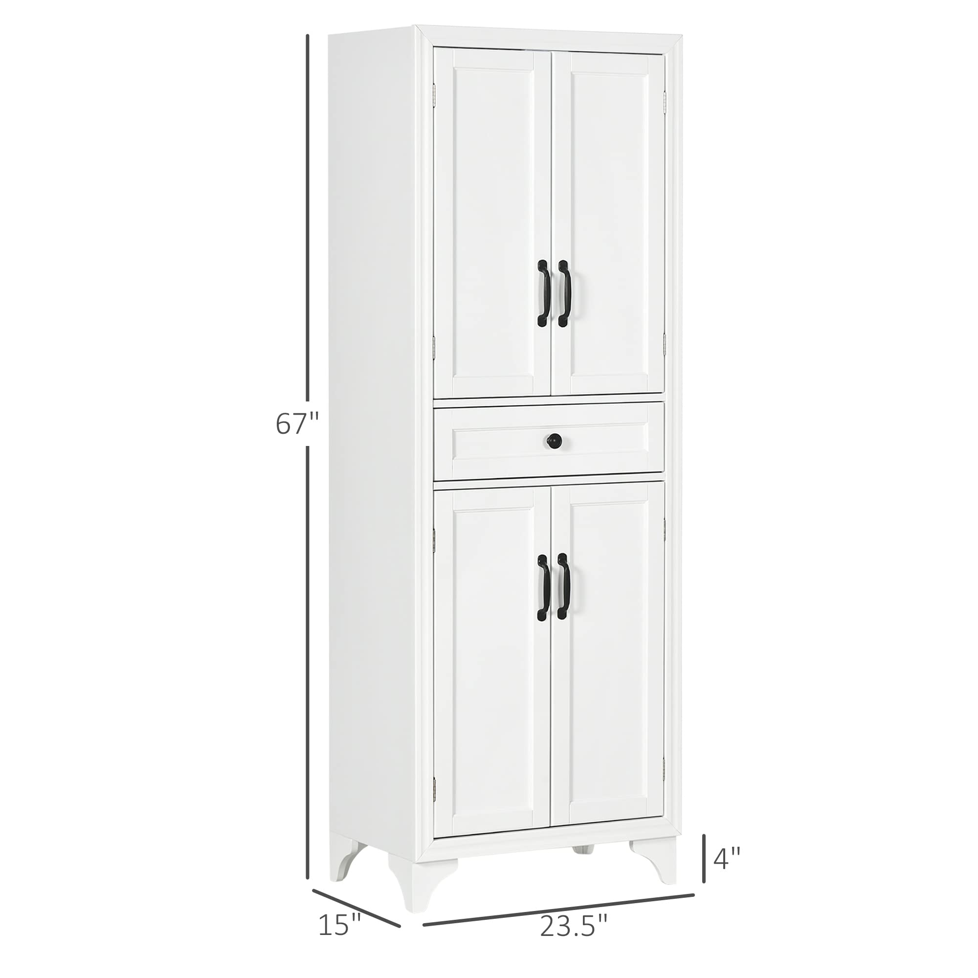 HOMCOM 67" Tall Freestanding Kitchen Pantry Cabinet, 4-Door Storage Cabinet with Drawer and Adjustable Shelves for Dining Room, White
