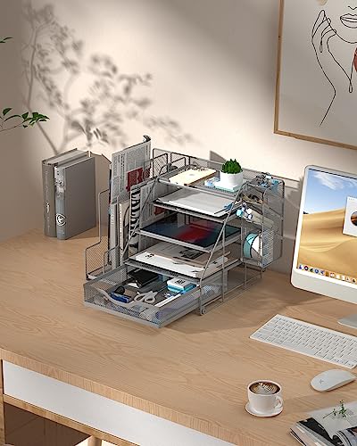 VIVSOL Silver Desk Organizer and Accessories Storage with 5-Tier Paper Letter Tray, Mesh Desktop Organizer with Pen Holder and Sliding Drawers for Office, School, Home to Collect Office Supplies