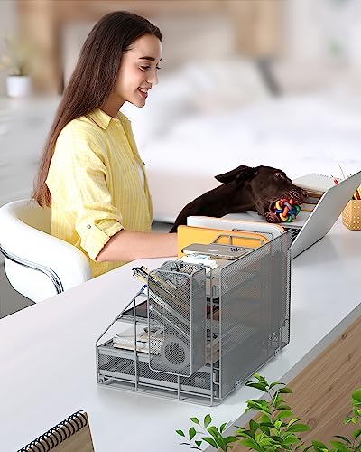 VIVSOL Silver Desk Organizer and Accessories Storage with 5-Tier Paper Letter Tray, Mesh Desktop Organizer with Pen Holder and Sliding Drawers for Office, School, Home to Collect Office Supplies