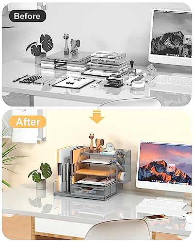 VIVSOL Silver Desk Organizer and Accessories Storage with 5-Tier Paper Letter Tray, Mesh Desktop Organizer with Pen Holder and Sliding Drawers for Office, School, Home to Collect Office Supplies