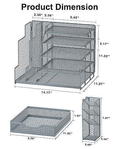 VIVSOL Silver Desk Organizer and Accessories Storage with 5-Tier Paper Letter Tray, Mesh Desktop Organizer with Pen Holder and Sliding Drawers for Office, School, Home to Collect Office Supplies