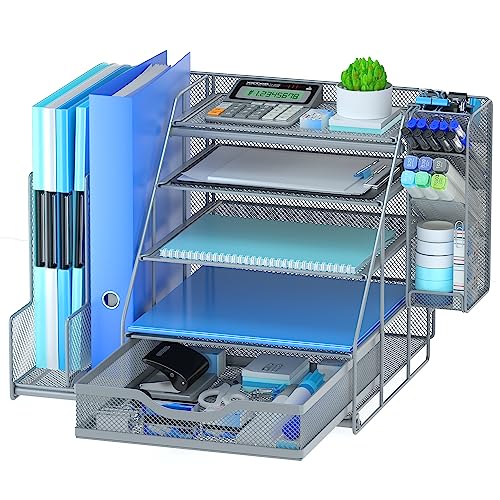 VIVSOL Silver Desk Organizer and Accessories Storage with 5-Tier Paper Letter Tray, Mesh Desktop Organizer with Pen Holder and Sliding Drawers for Office, School, Home to Collect Office Supplies